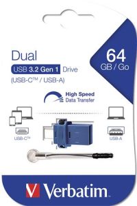 Pendrive, 64GB, USB 3.2+USB-C adapter, VERBATIM "Dual" - Bécsi Irodaker
